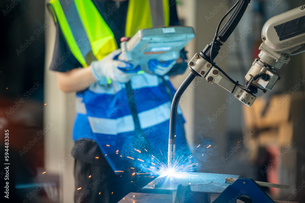 Engineer Control Robot Arm Machine Welding Steel Worker Using Forcing