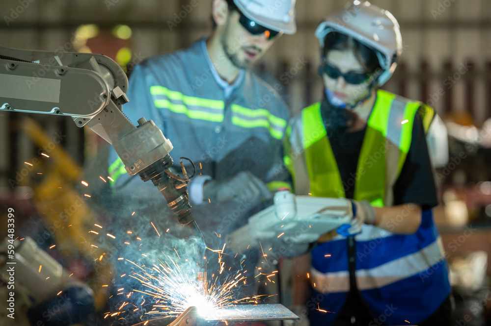 Engineer control robot arm machine welding steel, worker using forcing ...