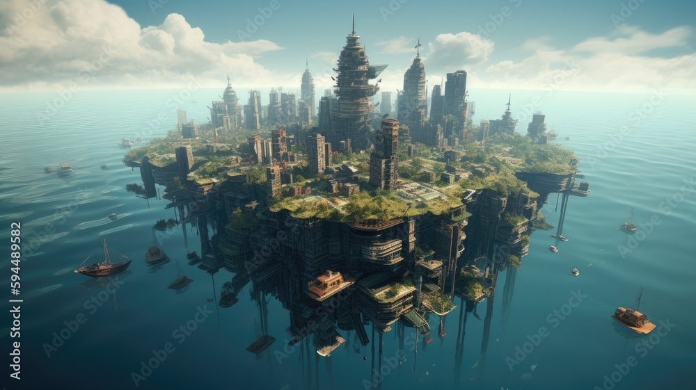 floating city concept, reflection of the city in the ocean, surrounded ...