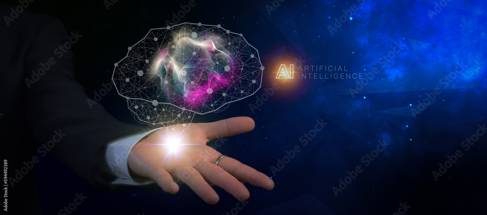 Human hand shows AI brain provide access information, digital chat bot ...