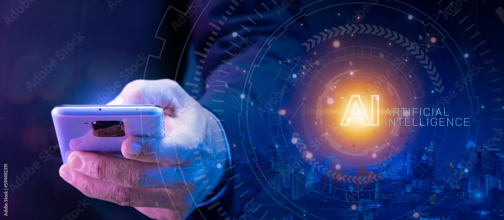 Businessman shows AI icon provide access information, digital chat bot concept. Artificial ...