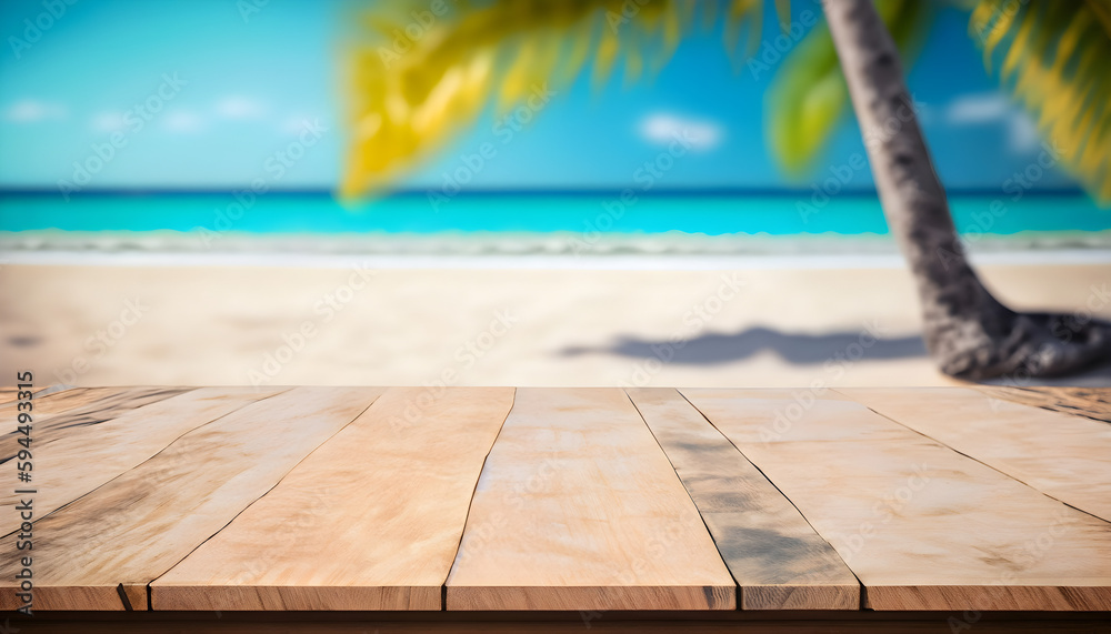 Empty wooden table on a beautiful blured tropical beach background ...