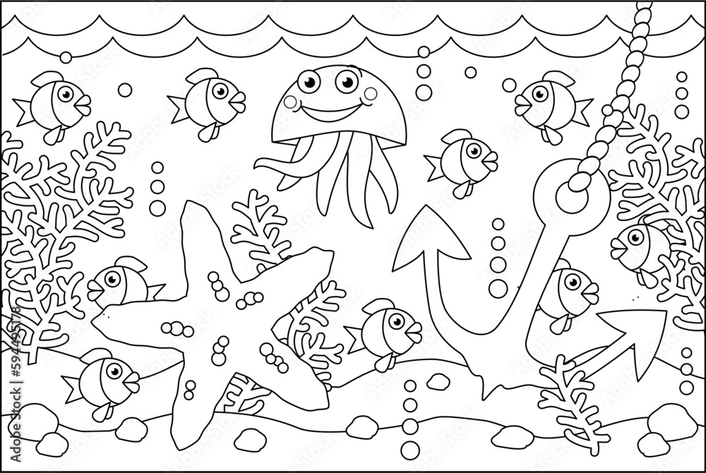 Underwater coloring page with anchor and sea life scene Stock Vector ...