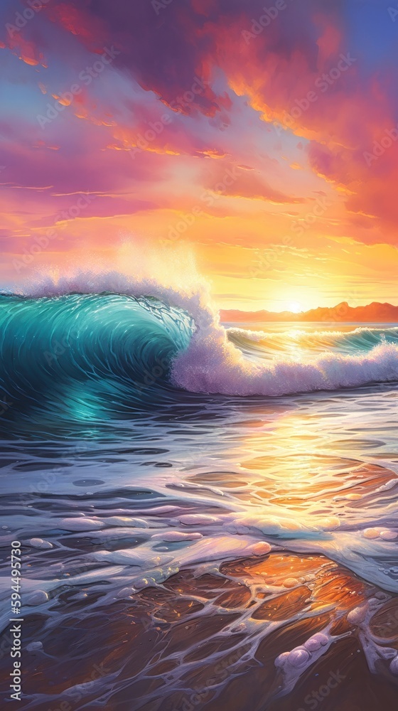 watercolor pencil illustration mixed surfer riding wave sunset beach ...