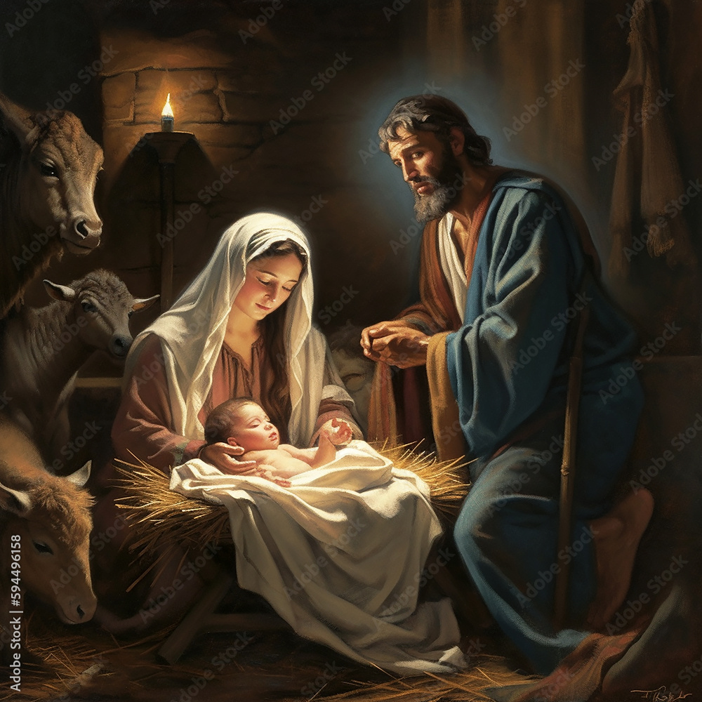 The Holy Family, Jesus, Mary and Joseph. AI generativ. Stock ...