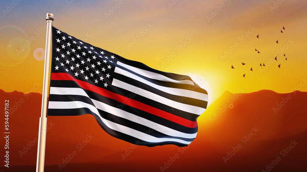 Thin Red Line. Firefighter Flag against the sunset. Remembering ...