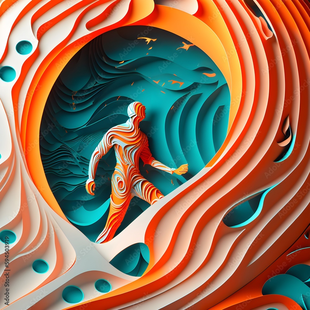 Humanoid made of action scene of papercut wave background wallpaper ...