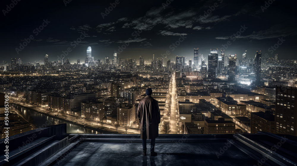 A detailed scene of a city at night, seen from a rooftop, with tall ...