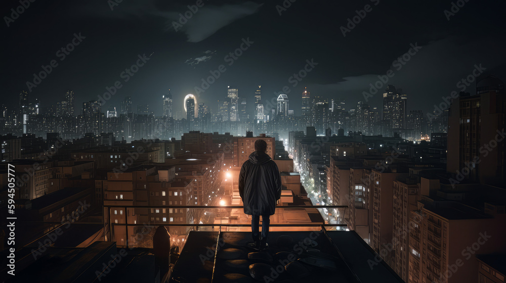 A detailed scene of a city at night, seen from a rooftop, with tall ...