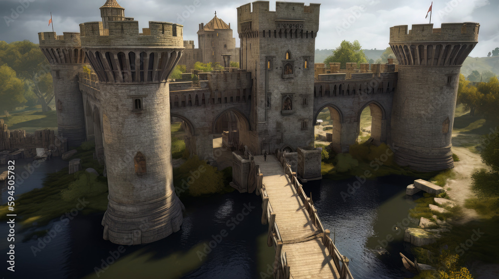 A detailed scene of a medieval castle, surrounded by a moat and tall ...