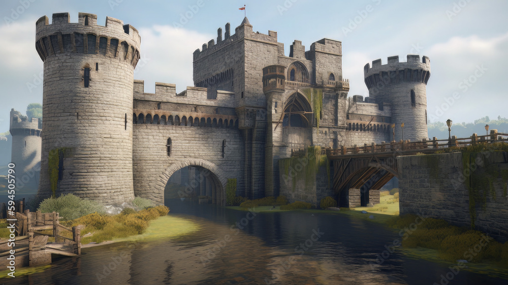 A detailed scene of a medieval castle, surrounded by a moat and tall ...