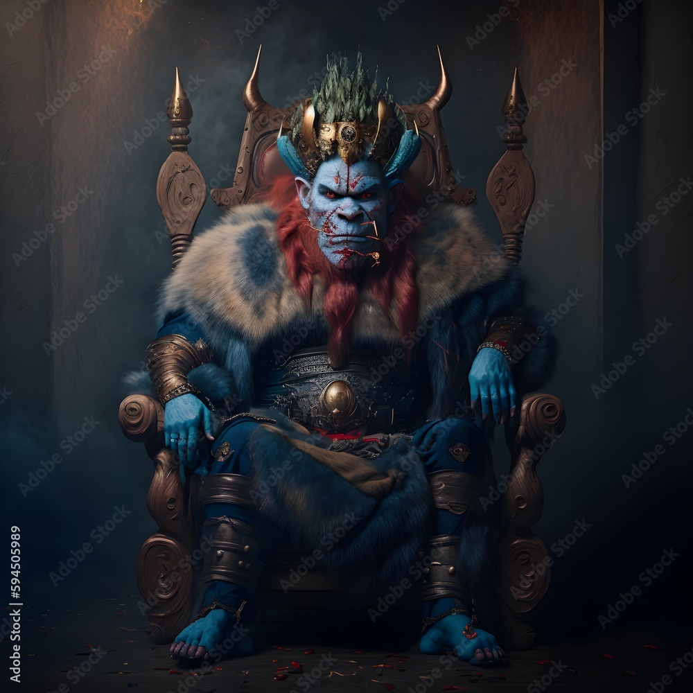 blue troll king with red hair pointed ears wearing a crown on his head ...
