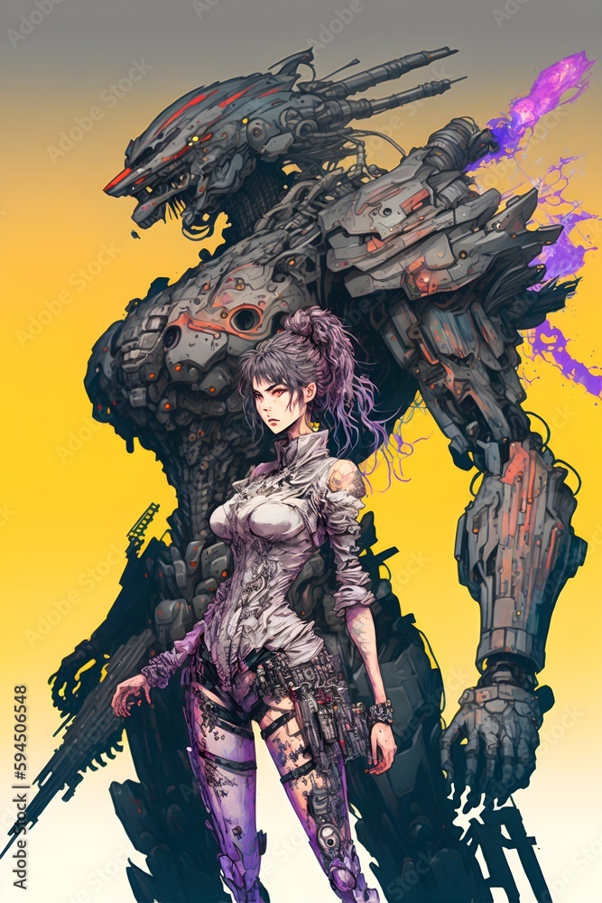 intricately detailed mecha standing behind a detailed cyberpunk woman ...