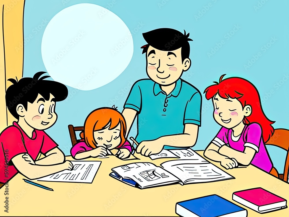 Learning at Home: a Family of cartoon characters. Generative Ai Stock ...