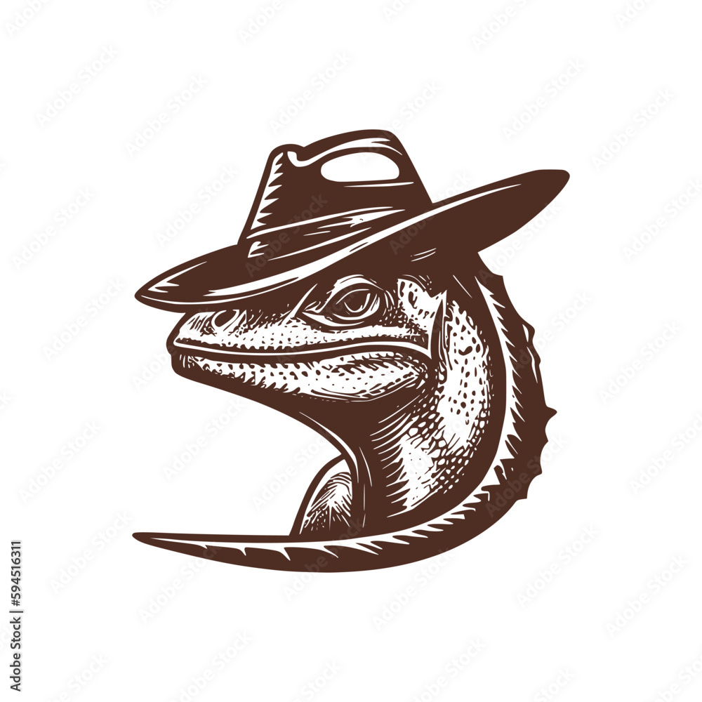Vintage logo of a lizard wearing a cowboy hat. an old-school logo of a ...