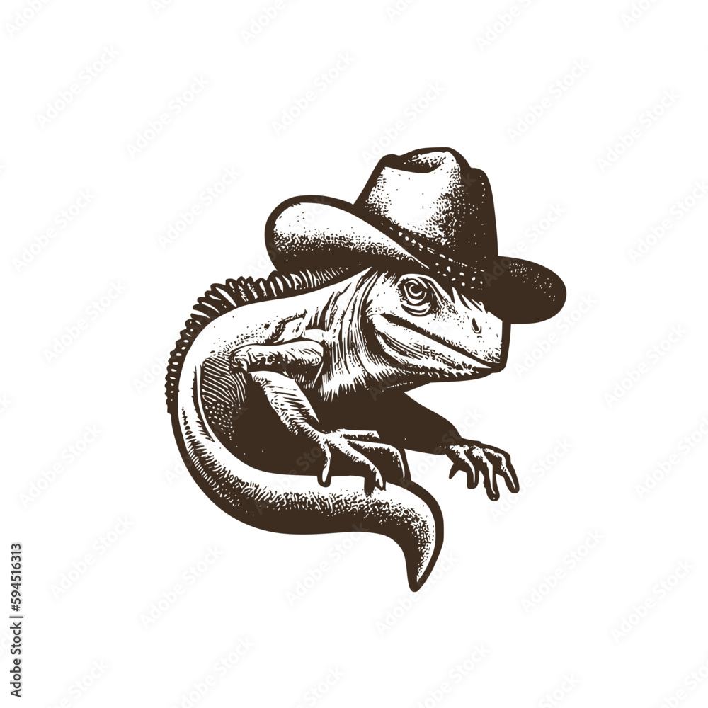 Vintage logo of a lizard wearing a cowboy hat. an old-school logo of a ...