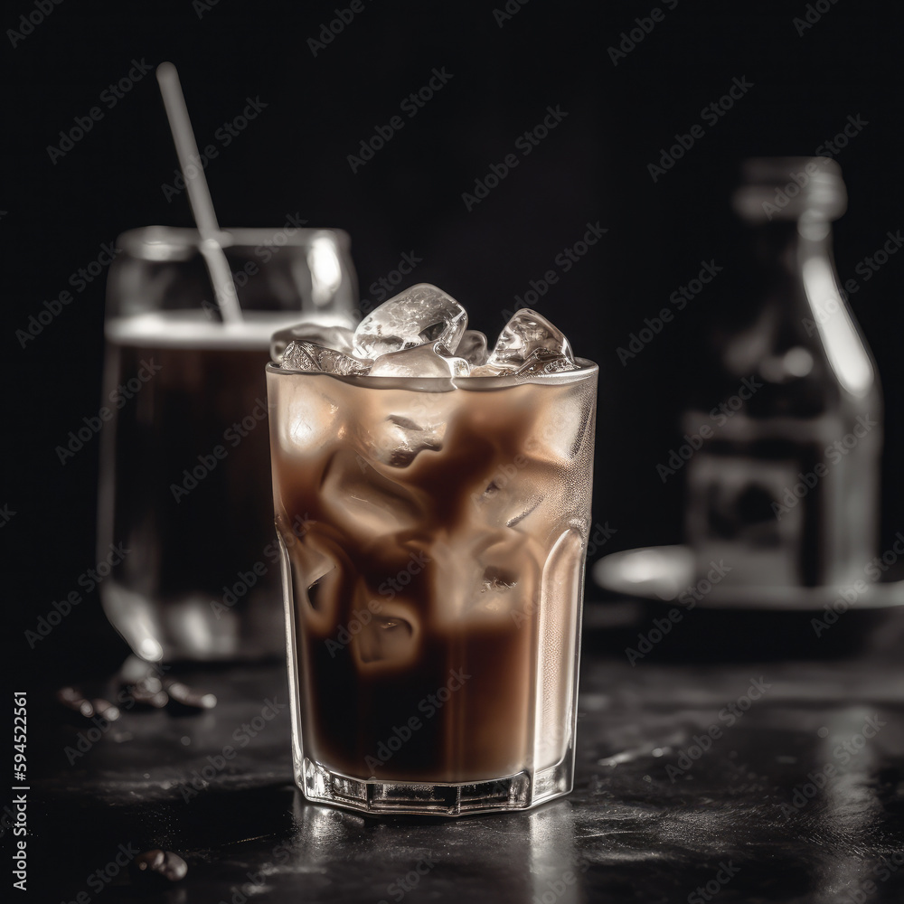 A stunningly cinematic photo of a classic iced coffee, captured in ...