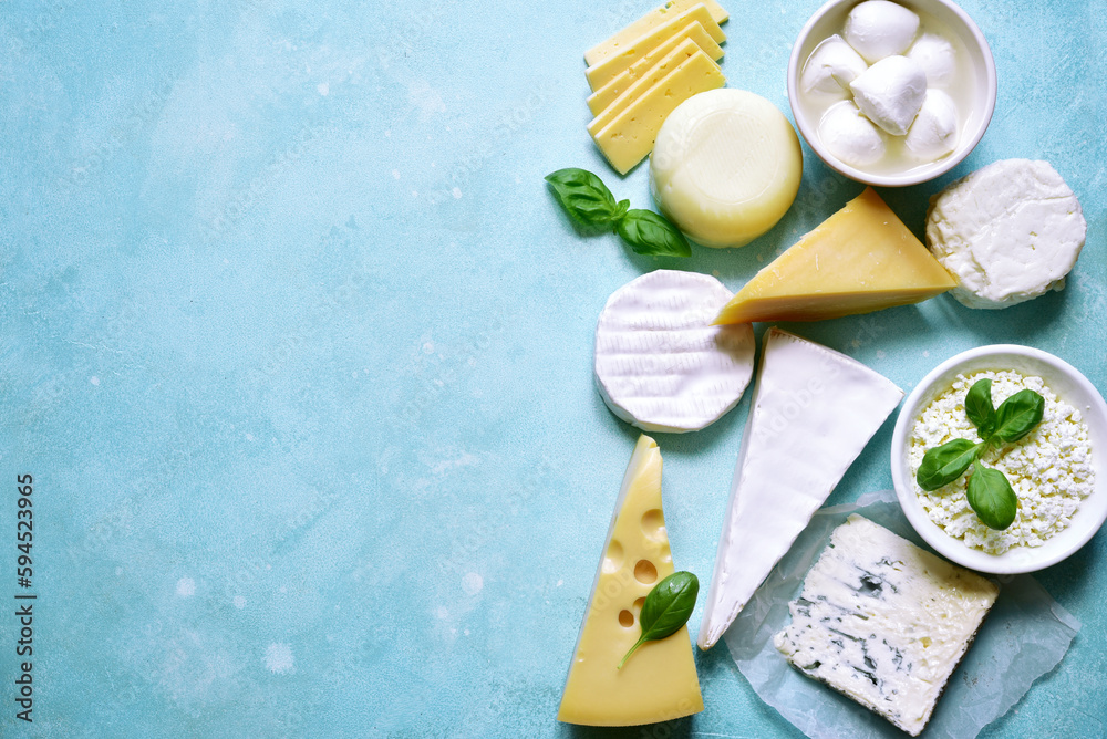 Food background with different types of cheese. Top view with copy ...