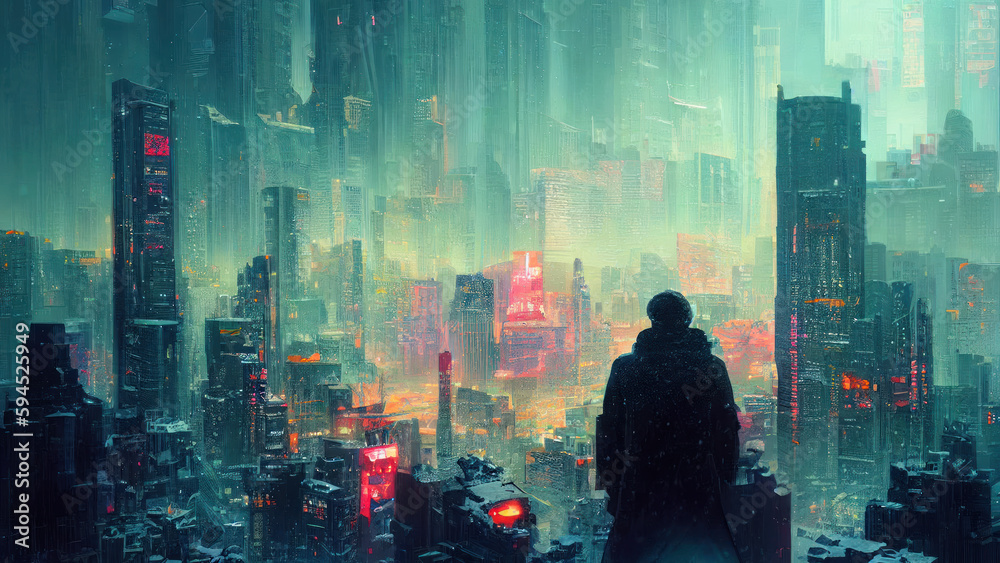 Cyberpunk city in snowy night created with Generative AI tool ...