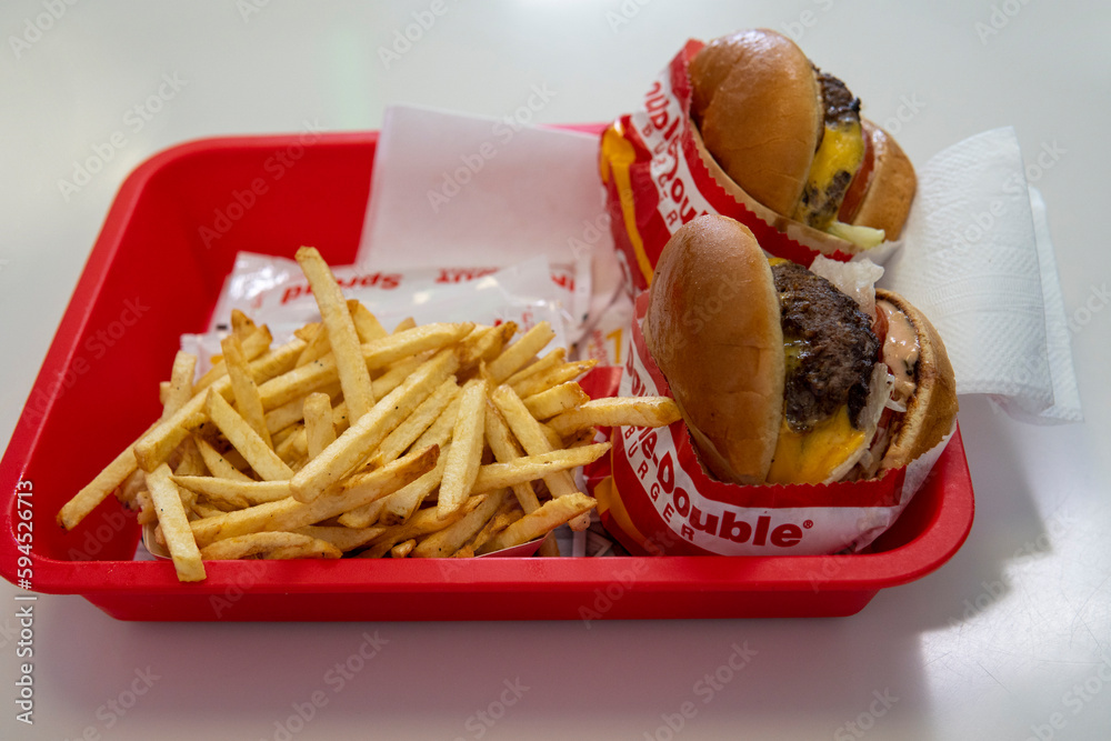 Two Double Burgers and french fries at In-N-Out Burger restaurant. In-N ...