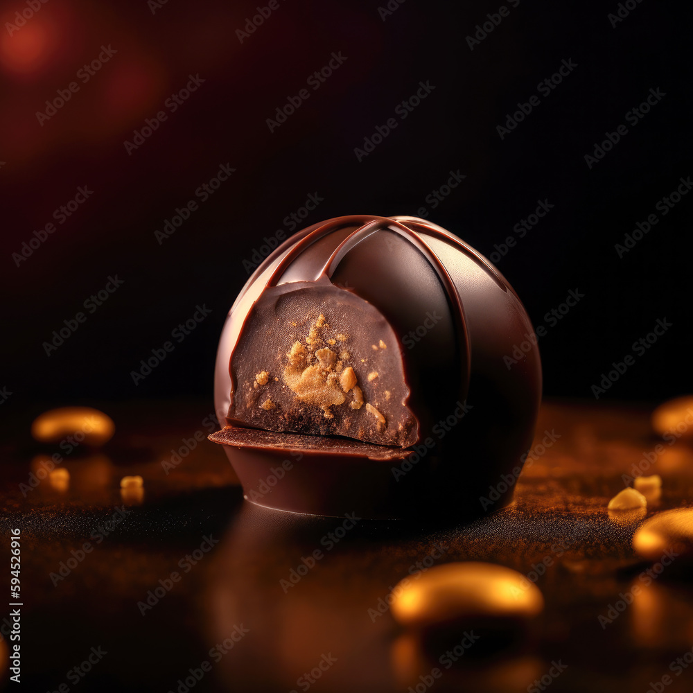 Cinematic shot of a caramel chocolate truffle reveals its smooth ...