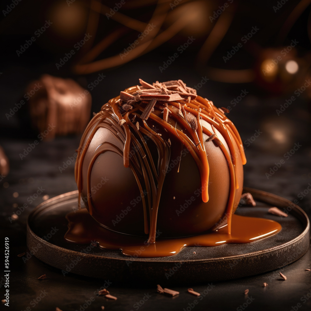 Cinematic shot of a caramel chocolate truffle reveals its smooth ...