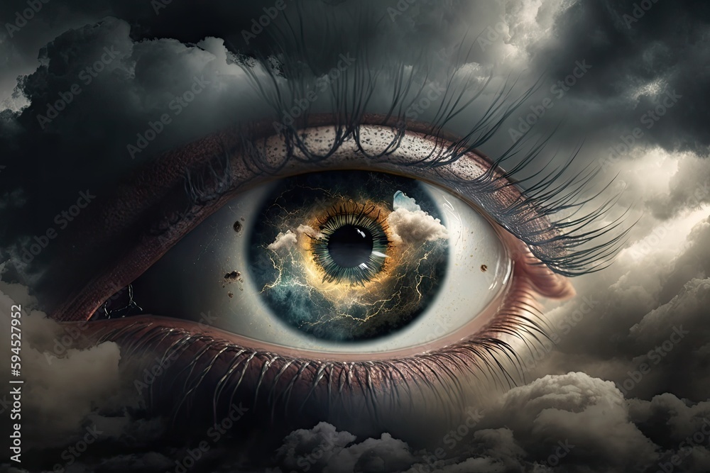 eye on a stormy sky, with lightning bolts and rolling clouds, created ...