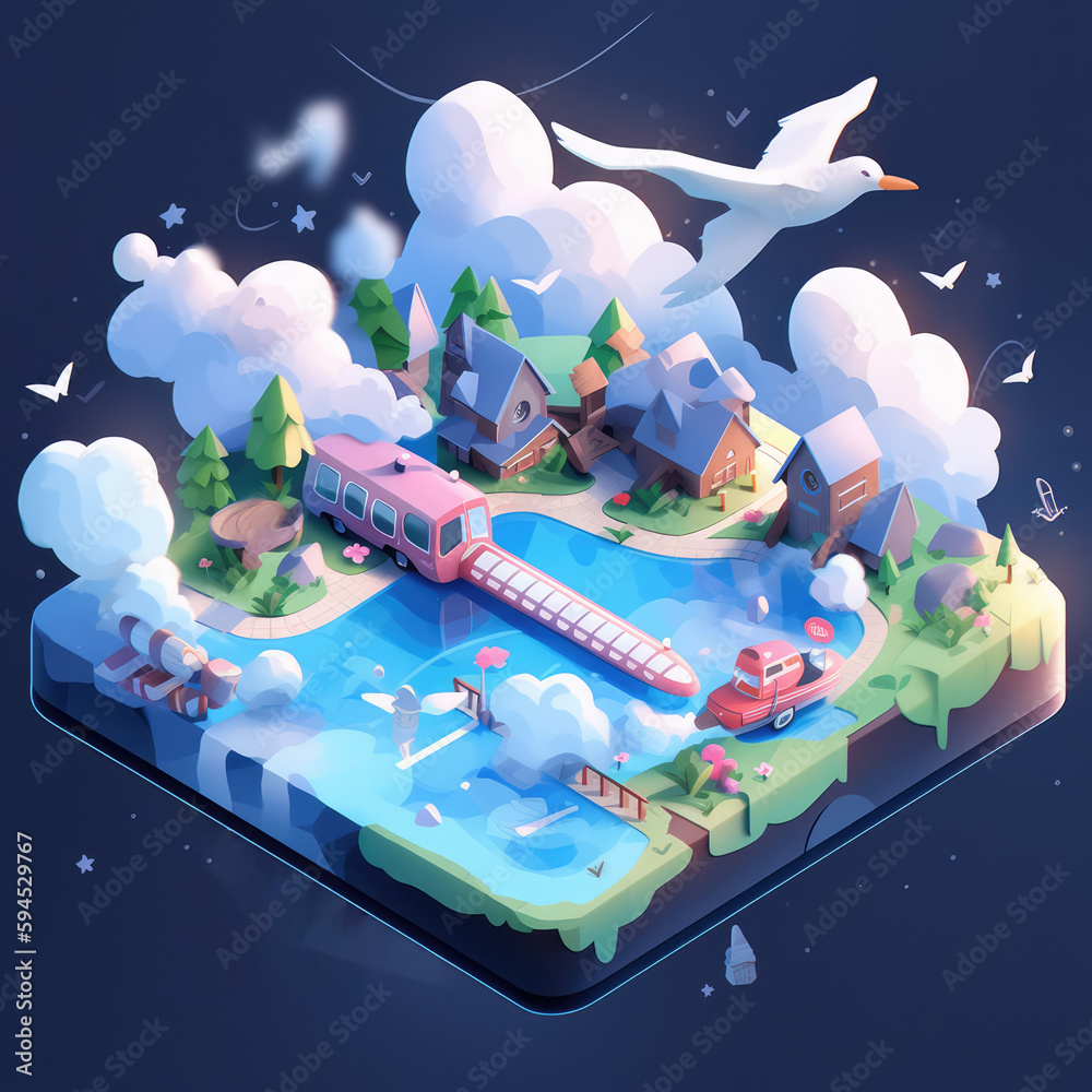 isometric illustration with an airplane flying over a land gardens ...