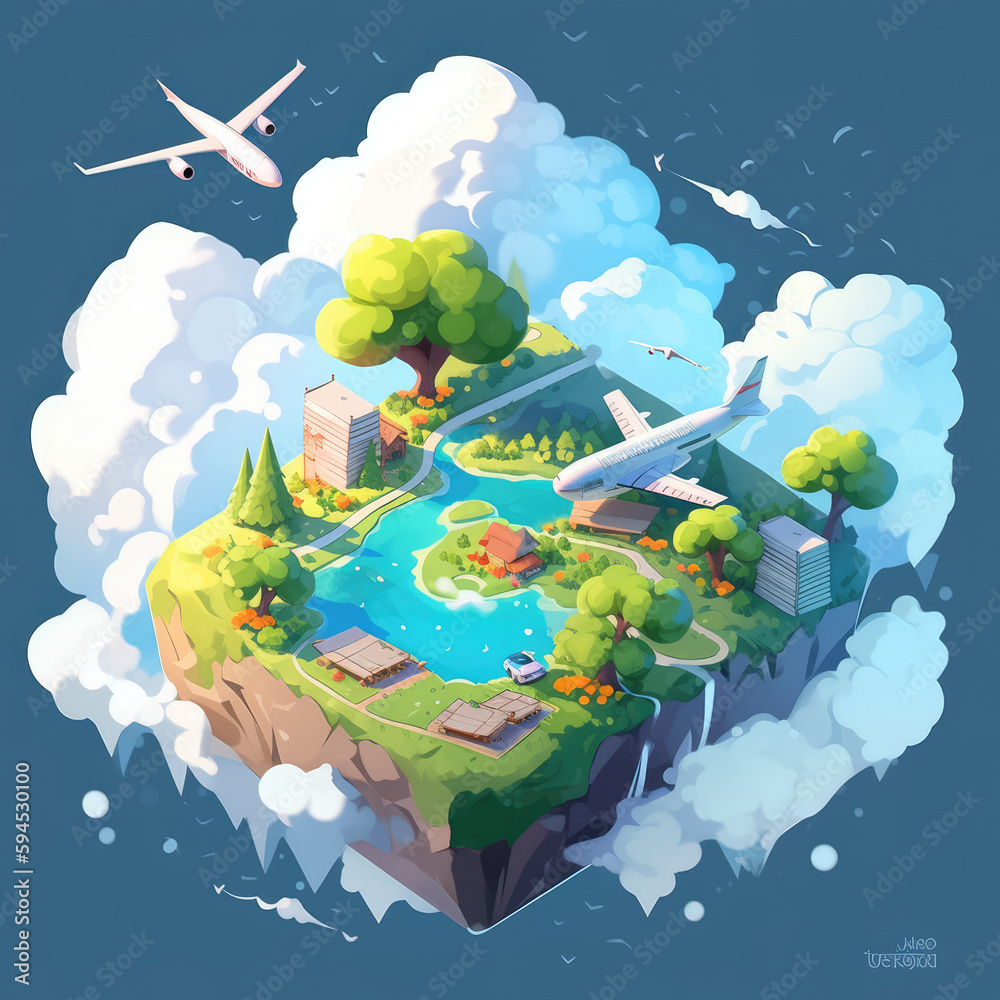 isometric illustration with an airplane flying over a land gardens ...