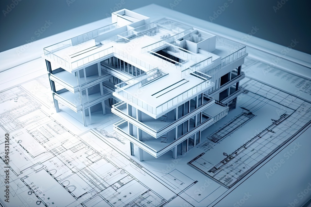 architectural blueprints of modern hotel, with sleek design and ...