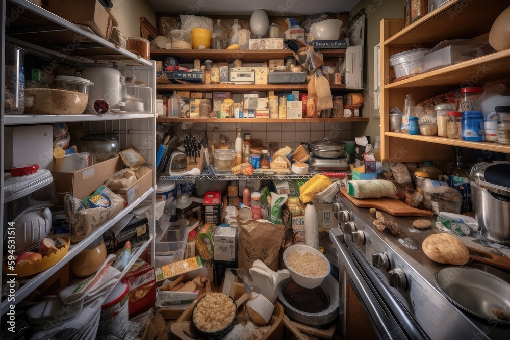 cluttered and disorganized pantry overflowing with food, baking ...