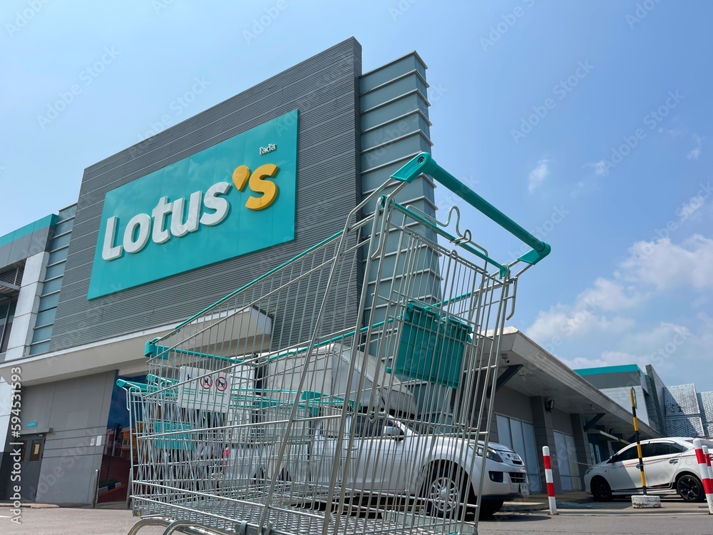 Entrance and facade of Lotus's grocery store in Thailand. Large ...