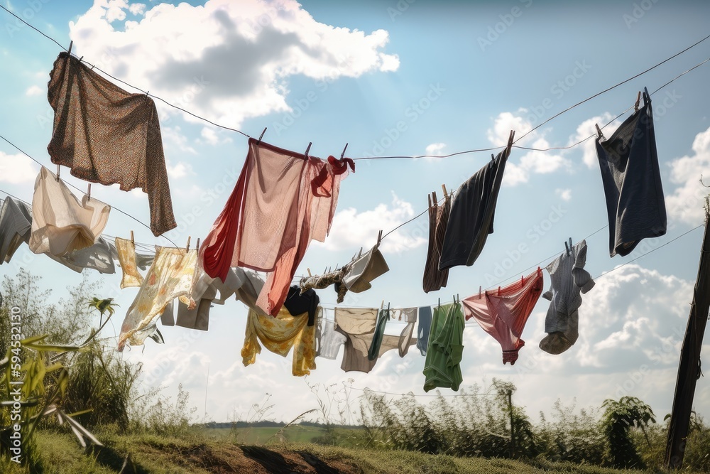 clothesline on a windy day, with clothes flying in the air, created ...