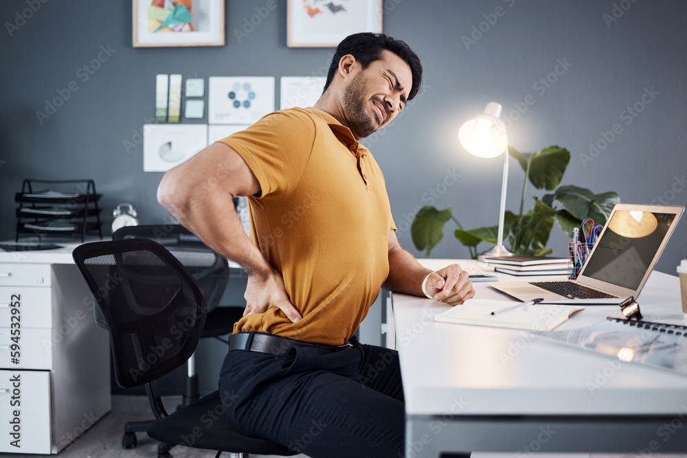 Back pain, business man and stress at night at office desk with injury ...