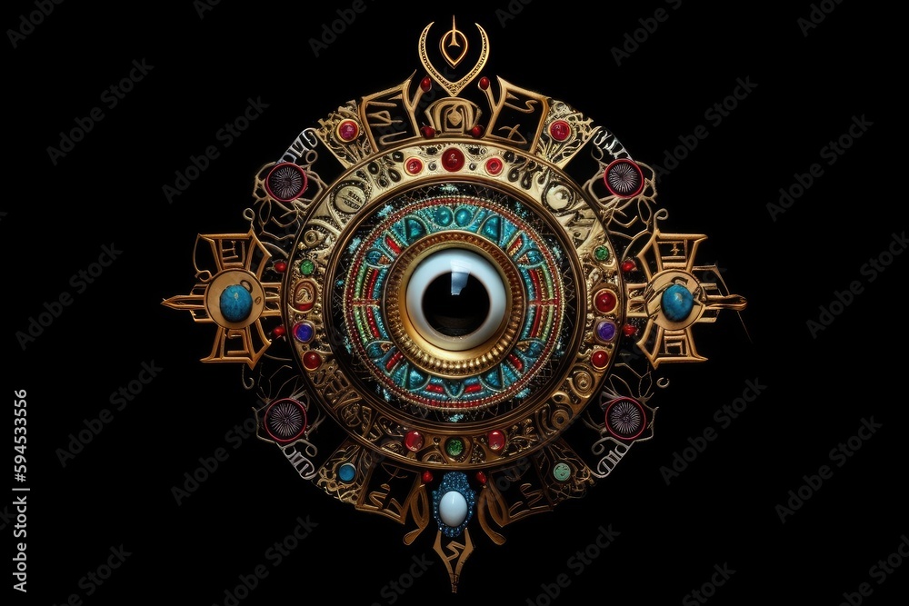 evil eye, surrounded by mystical symbols and colors, against black ...