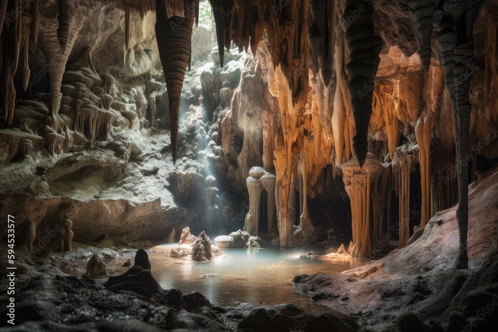 cave with intricate network of waterfalls and stalactites, created with ...