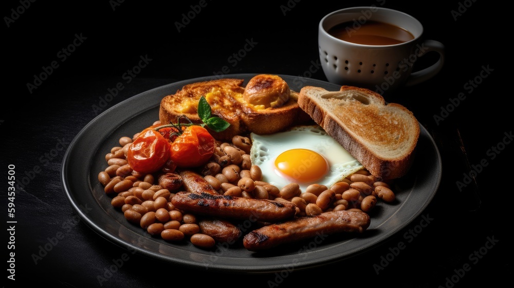 Full fry up English breakfast with fried eggs, sausages, bacon, black ...
