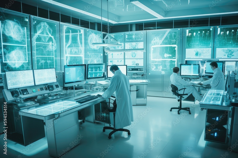 stem cell research lab, with scientists conducting experiments and ...