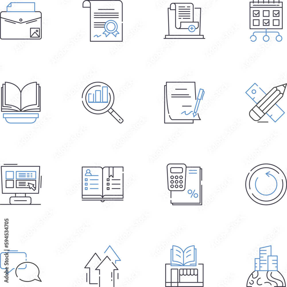 Vetor de Office materials line icons collection. Statiry, Folders, Pens ...