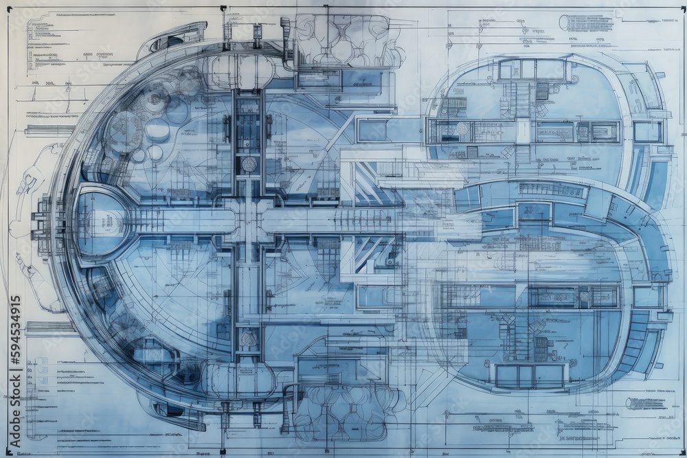 architectural blueprint of future space colony, with technical details ...