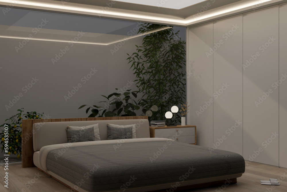Interior design of a modern bedroom with modern indirect light on ...