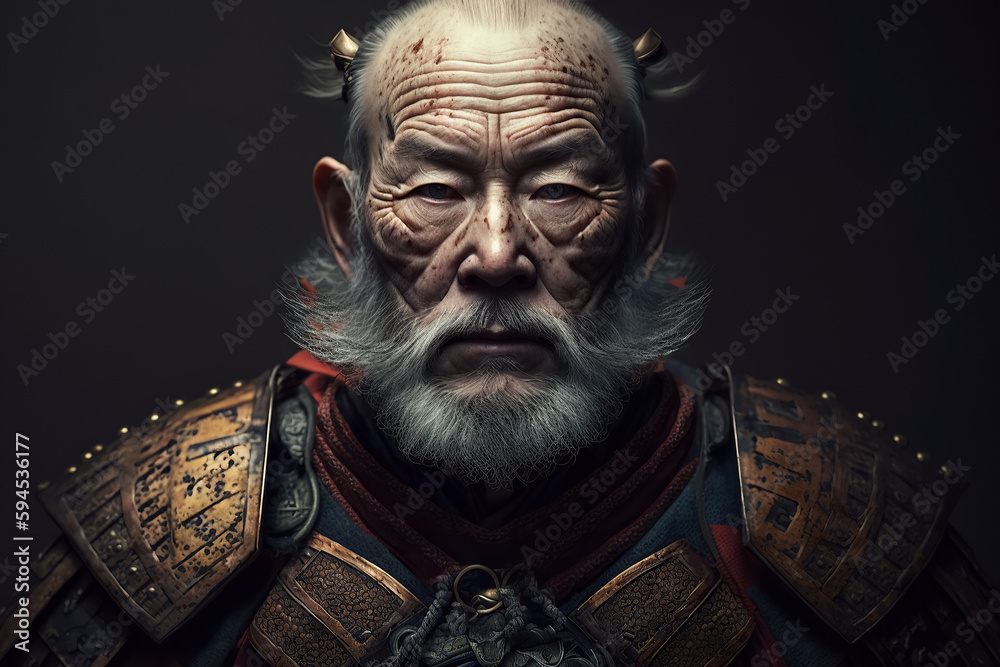 portrait of elderly samurai warrior in traditional Japanese armor ...