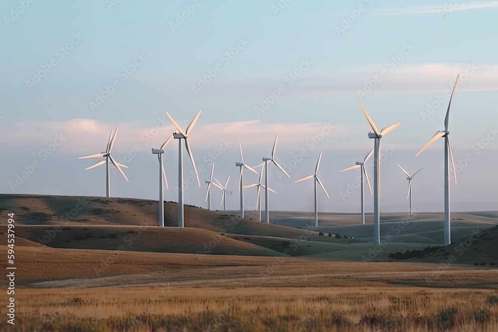 wind farm, with the turbines spinning and generating clean energy, created with generative ai ...