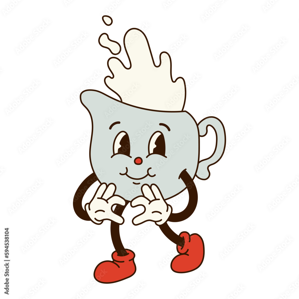 Groovy retro cartoon character. Cream in a ceramic milk jug with drops ...