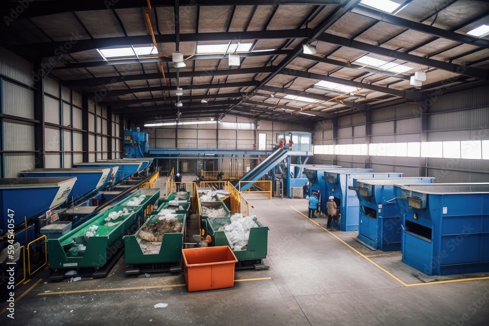 recycling center, with bins and sorting machines for different types of ...