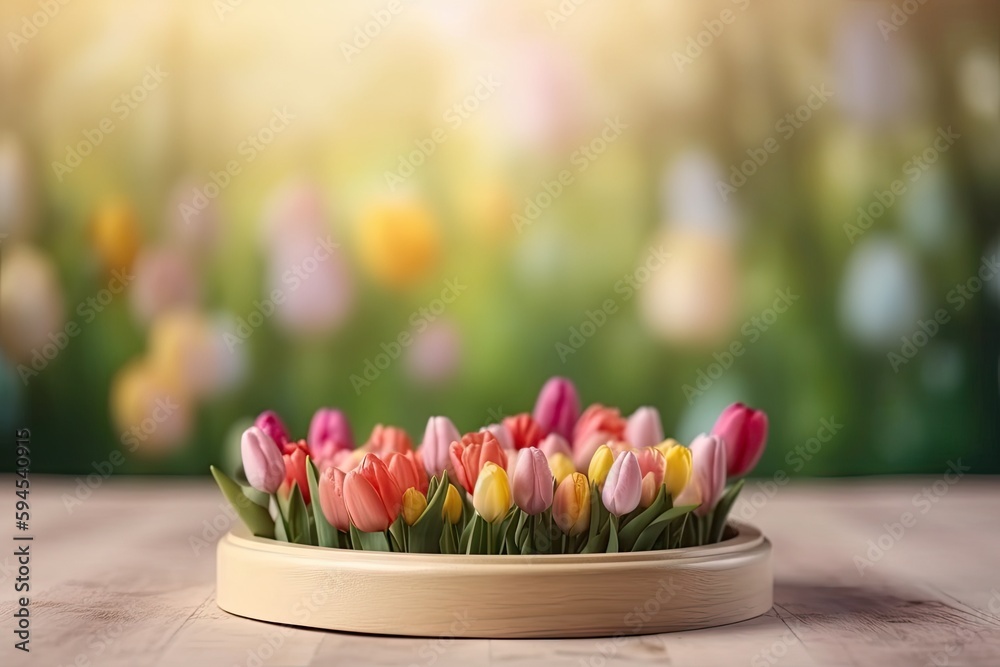 round podium with mini bouquet of tulips on a springtime background ...