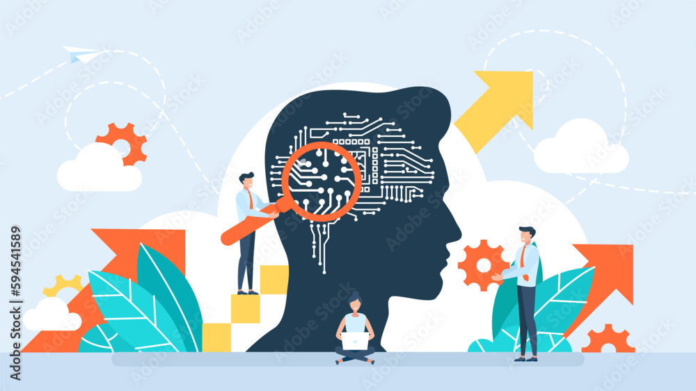 Brain with the neural network on laptop and scientists, tiny people ...