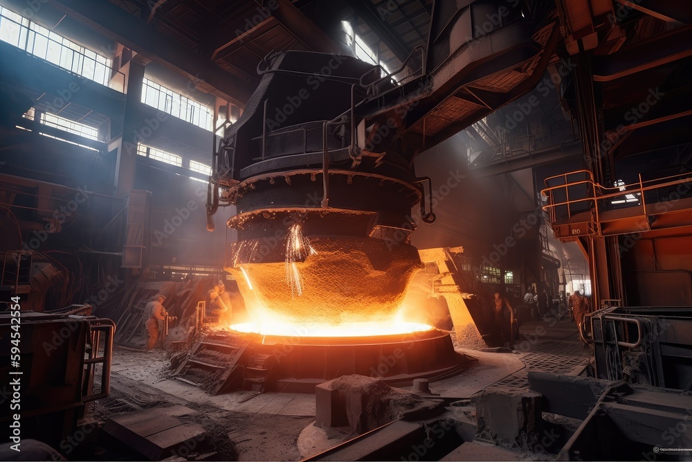 smelting furnace, with molten metal pouring from the blast furnace into ...
