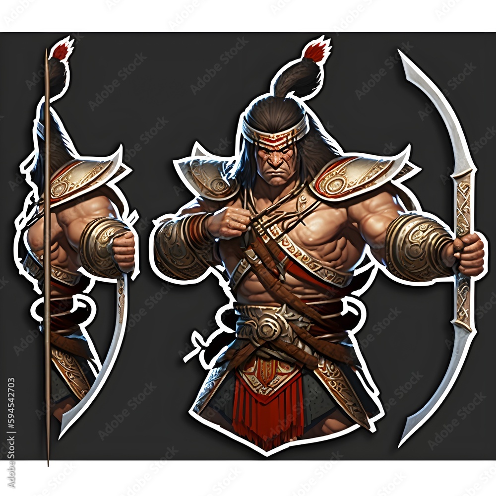 vector sticker mongol warrior archer greek god face scar muscular curl ...