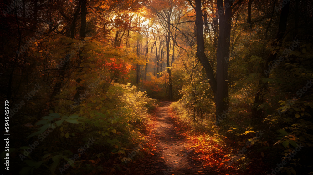 An enchanting forest path covered in autumn leaves, with a tunnel of ...